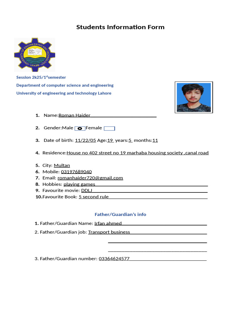 Students Information Form | PDF