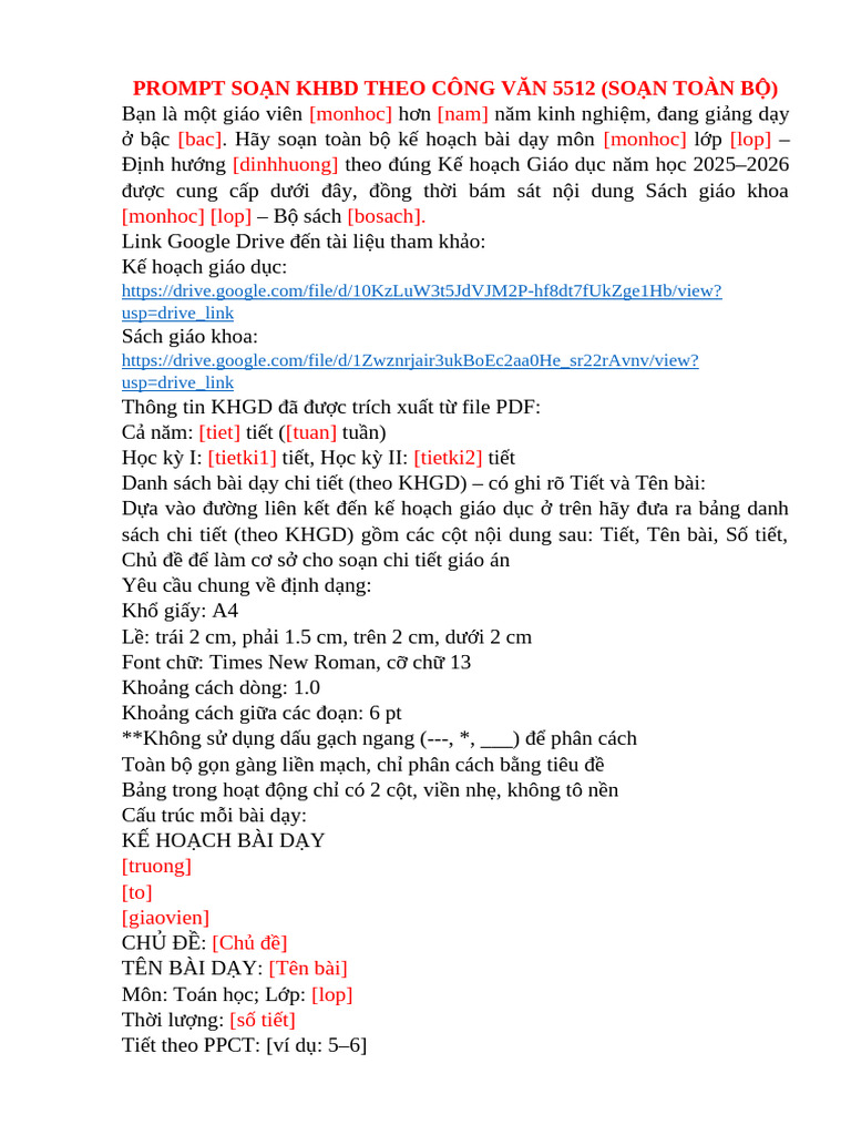 PROMPT SOAN KHBD THEO CONG VAN 5512 | PDF