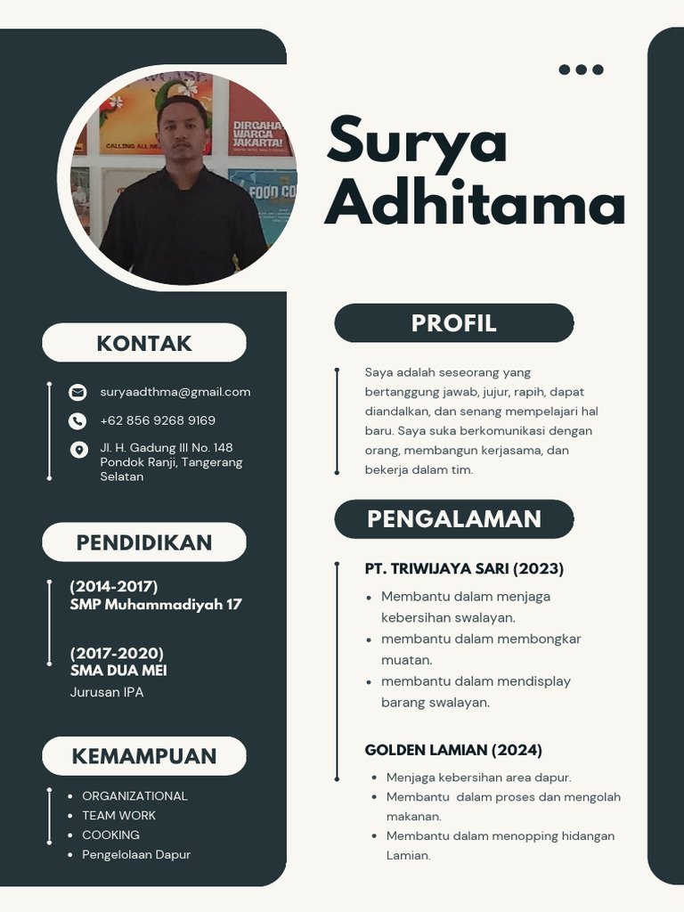 Profil Surya Adhitama: Kemampuan Dapur dan Kerja Tim | PDF