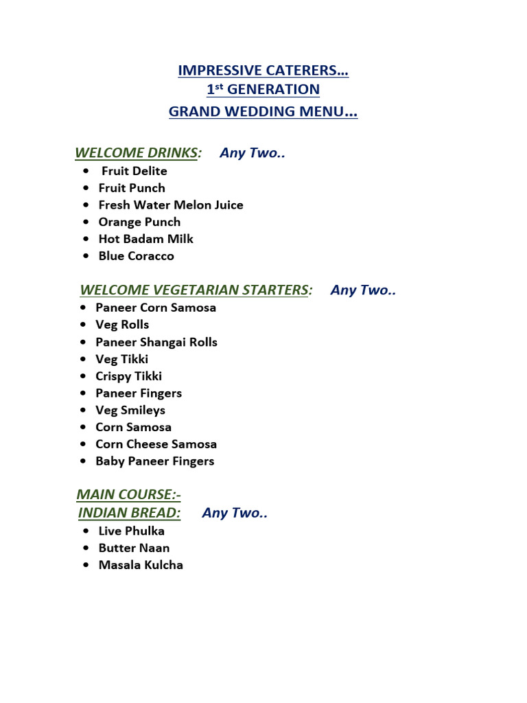 Impressive Caterers Veg 1st Generation Menu | PDF