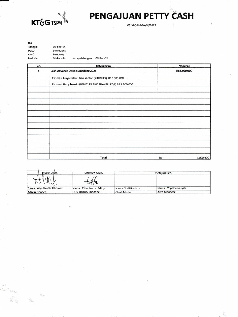 Form Pengajuan Petty Cash Depo Sumedang 1 Februari | PDF