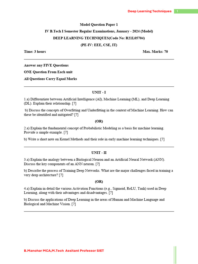 Deep Learning Techniques Question Paper | PDF | Deep Learning | Machine ...