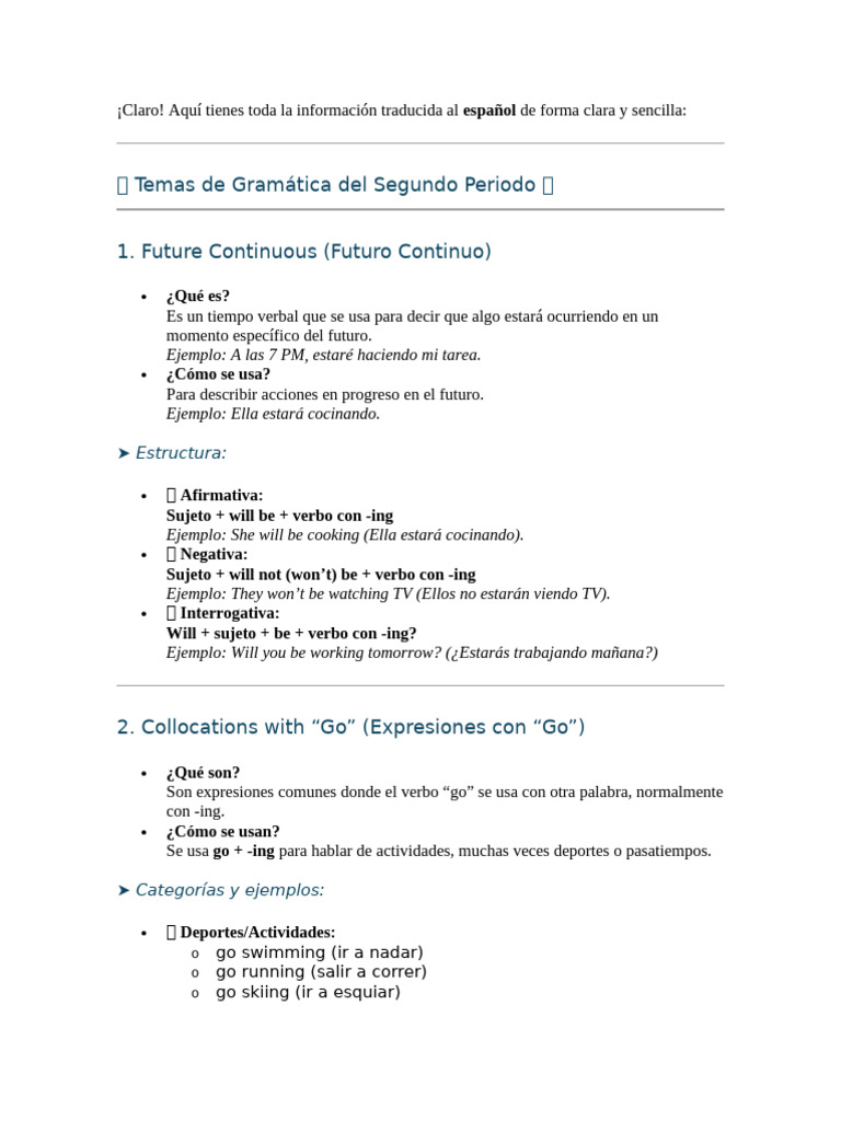 Gramática: Futuro, Collocations y Pronombres | PDF | Verbo | Unidades ...