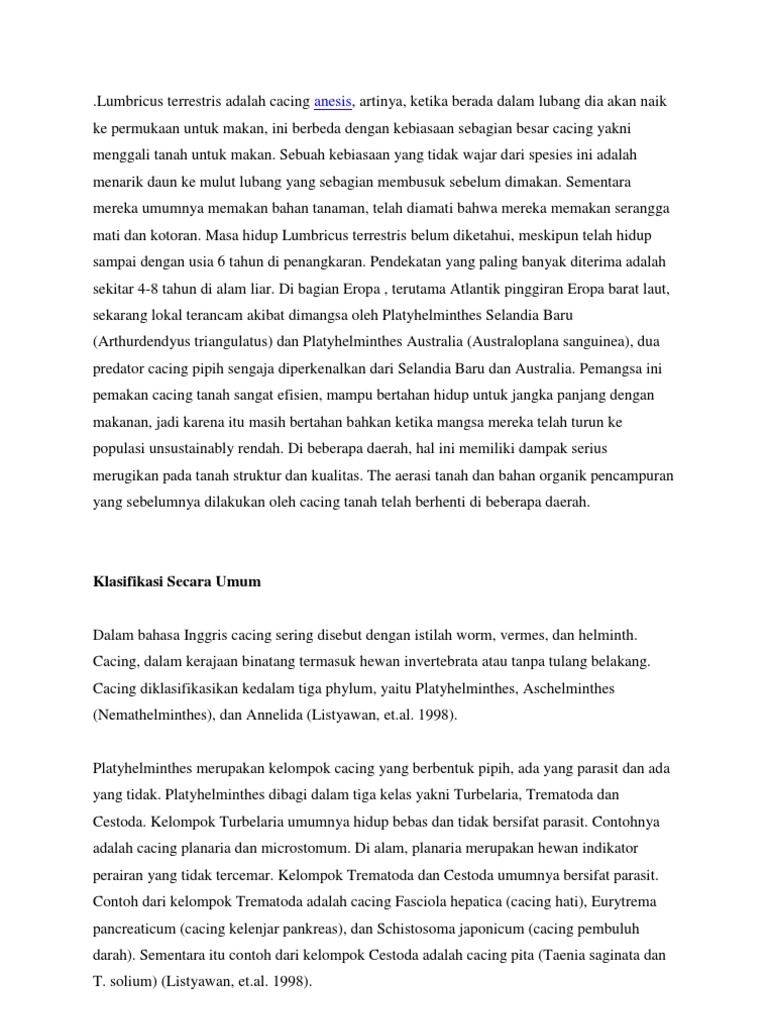 Lumbricus Terrestris Adalah Cacing Merah Besar Asli Eropa | PDF