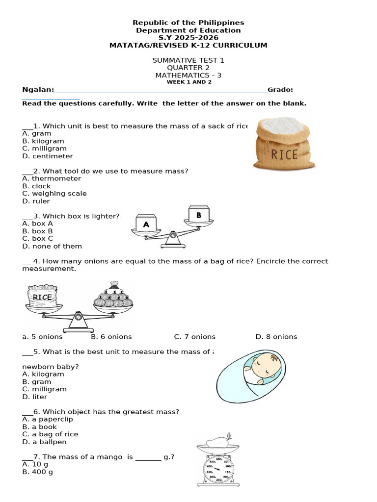 Math 3 Summative Test: Mass Measurement | PDF | Kilogram | Mass