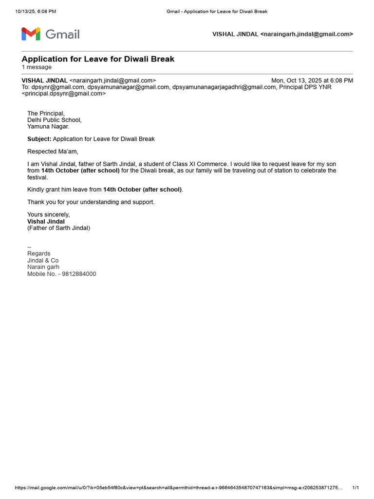 Gmail - Application For Leave For Diwali Break | PDF