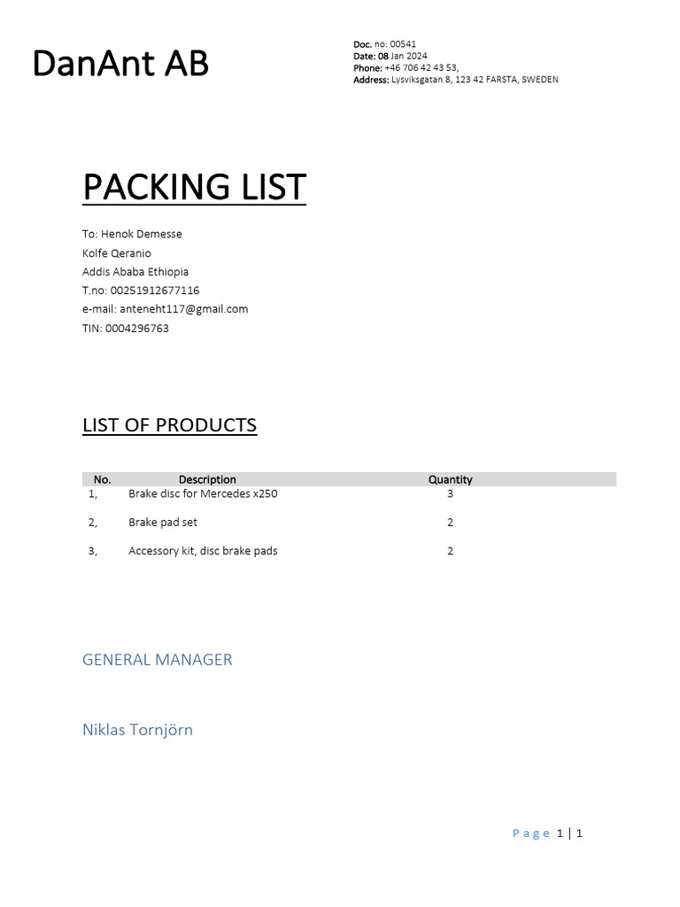 Packing List Danant - Hen | PDF