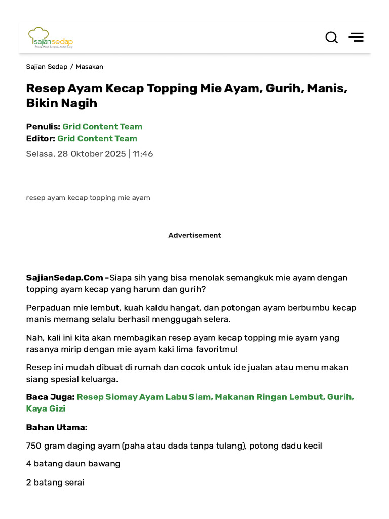 Resep Ayam Kecap Topping Mie Ayam, Gurih, Manis, Bikin Nagih - Semua ...