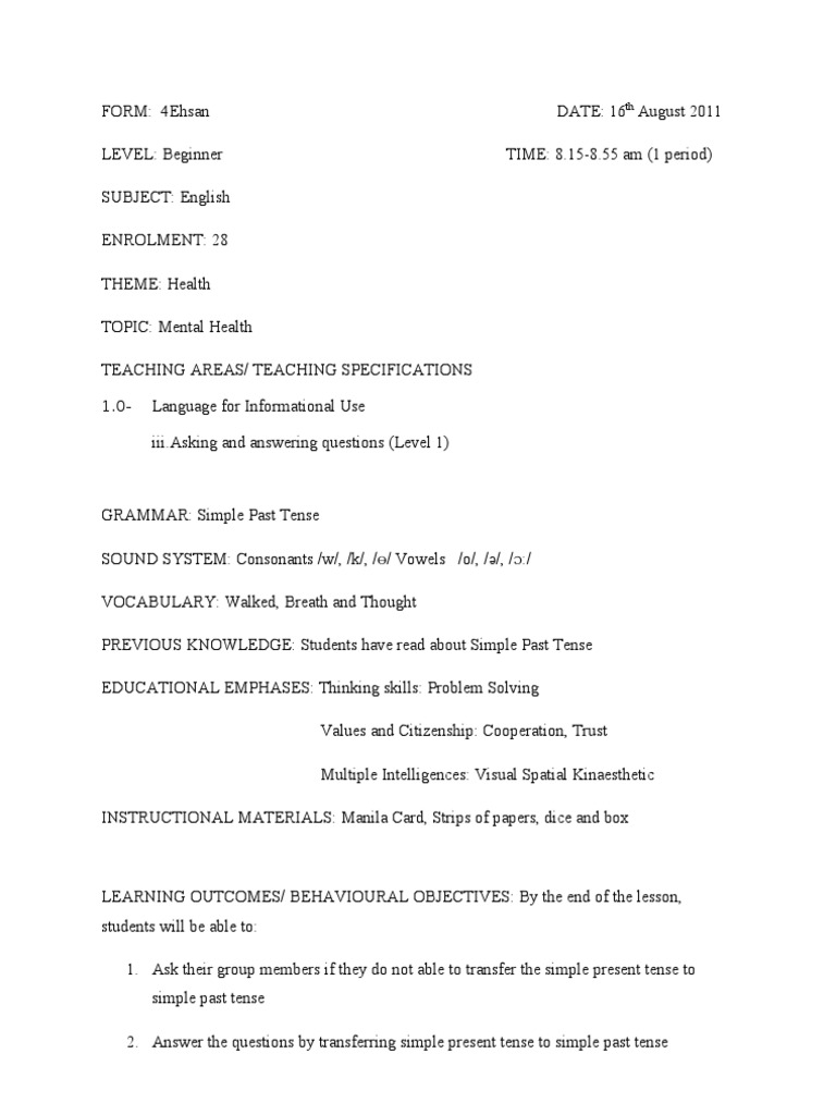 Lesson Plan 4e Simple Past Tense | PDF | Grammatical Tense | Teachers