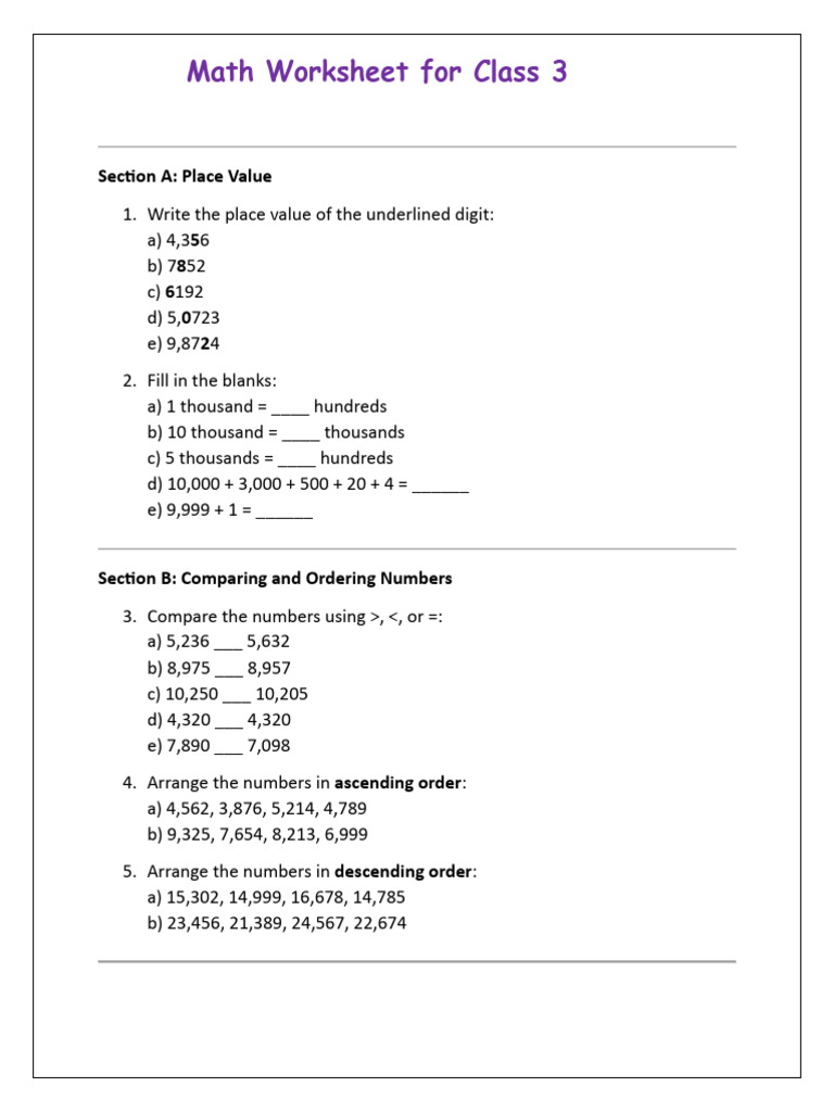 Class 3 Math Worksheet: Place Value & More | PDF