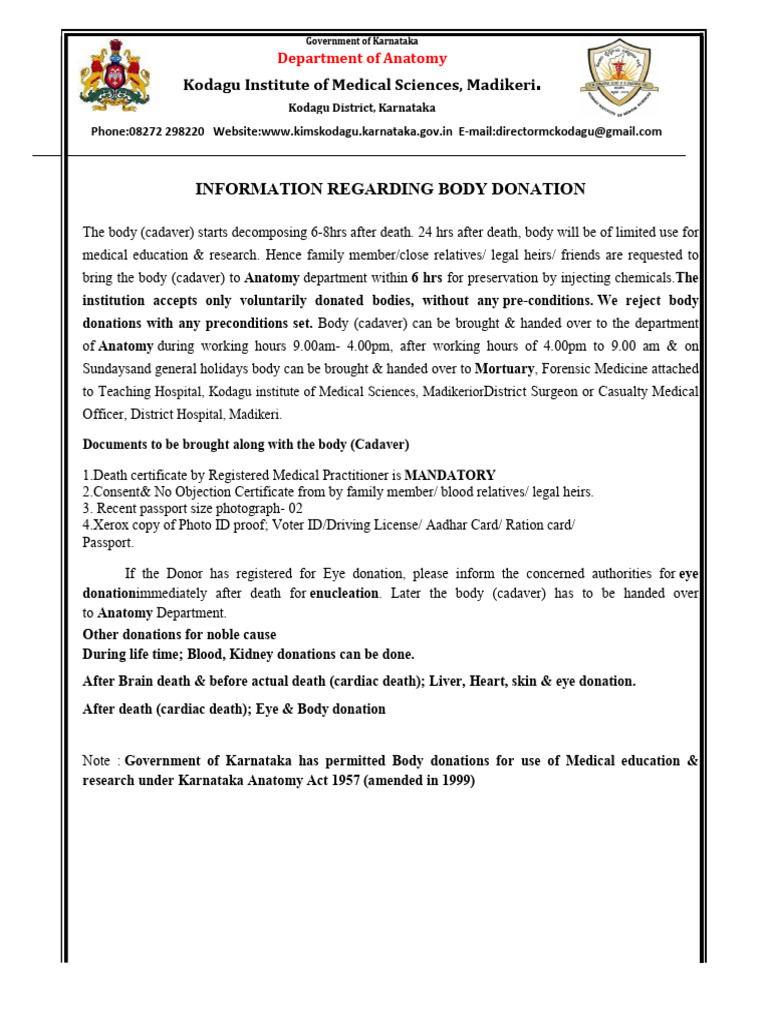 Body Donation Guidelines in Karnataka | PDF | Cadaver | Medicine