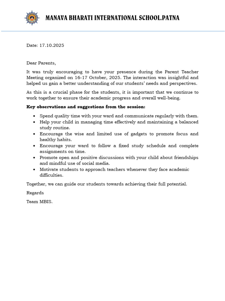 Letter To Parent | PDF