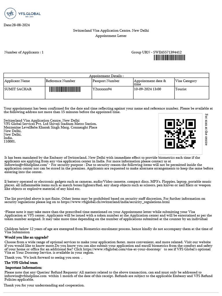 Swiss VFS Appointment | PDF | Travel Visa | Receipt