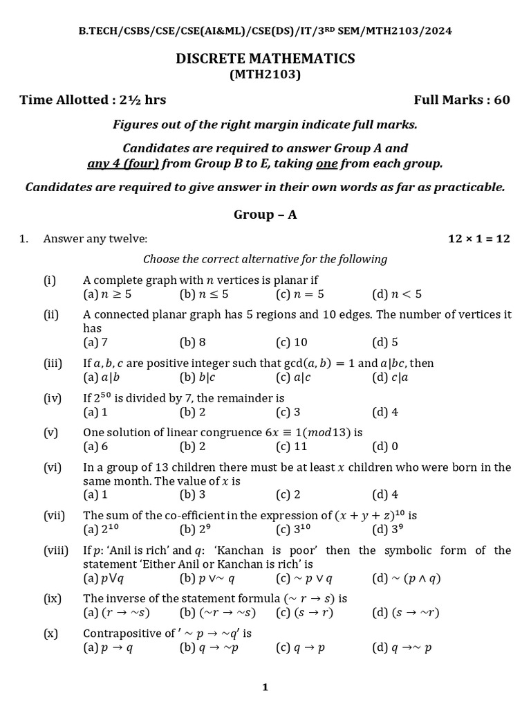 Discrete Mathematics MTH 2103 2024 | PDF | Graph Theory | Mathematical ...
