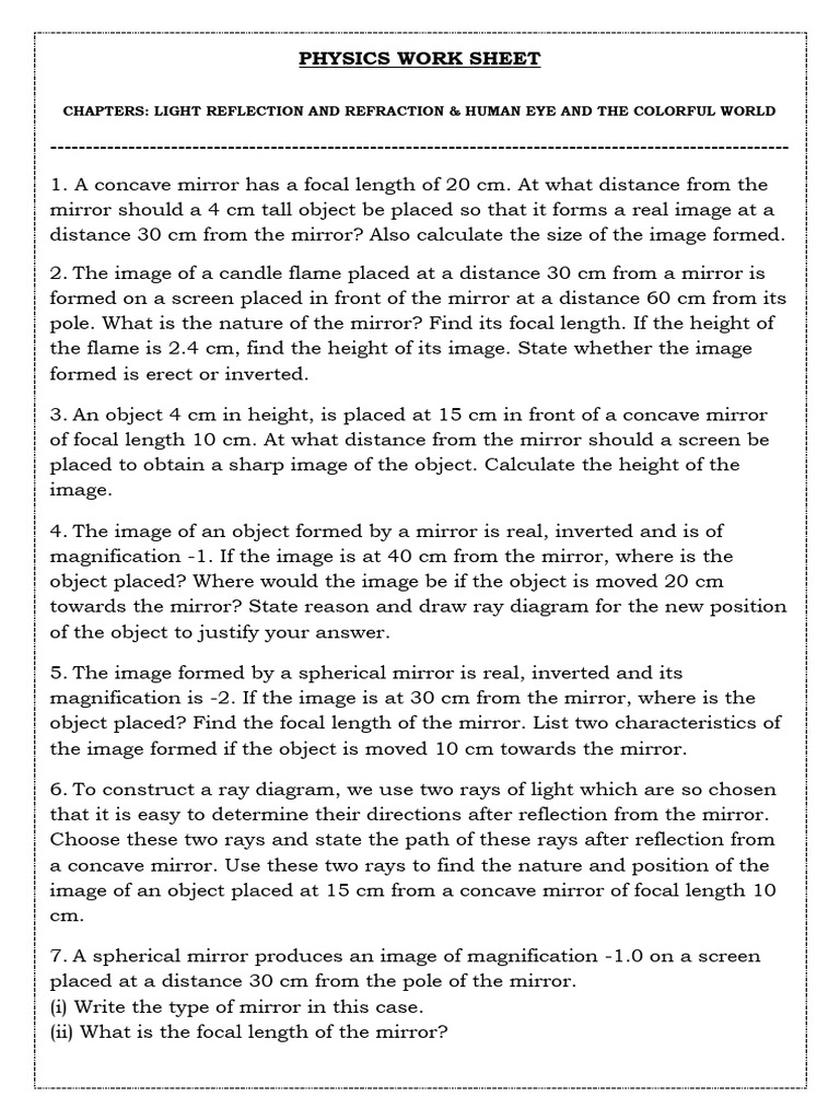 Physics Worksheet: Mirrors & Lenses | PDF | Refractive Index | Applied ...