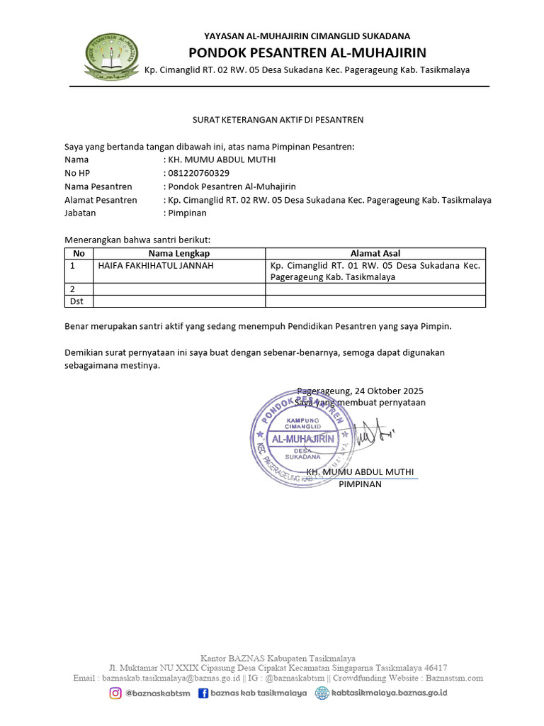 Surat Keterangan Aktif Santri | PDF