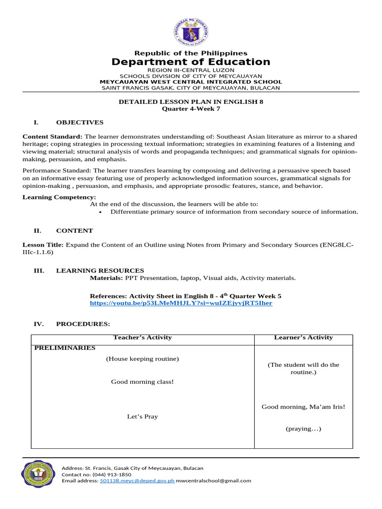 Detailed English 8 Lesson Plan: Sources | PDF | Human Communication