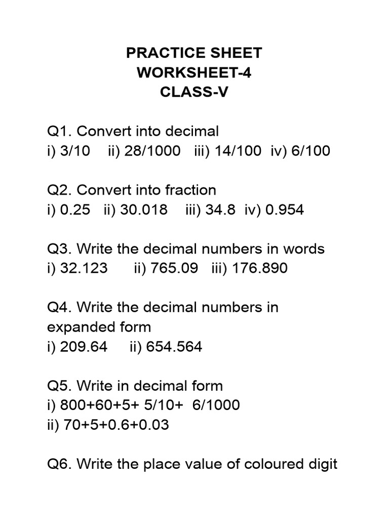 Class 5 Decimal Practice Worksheet | PDF