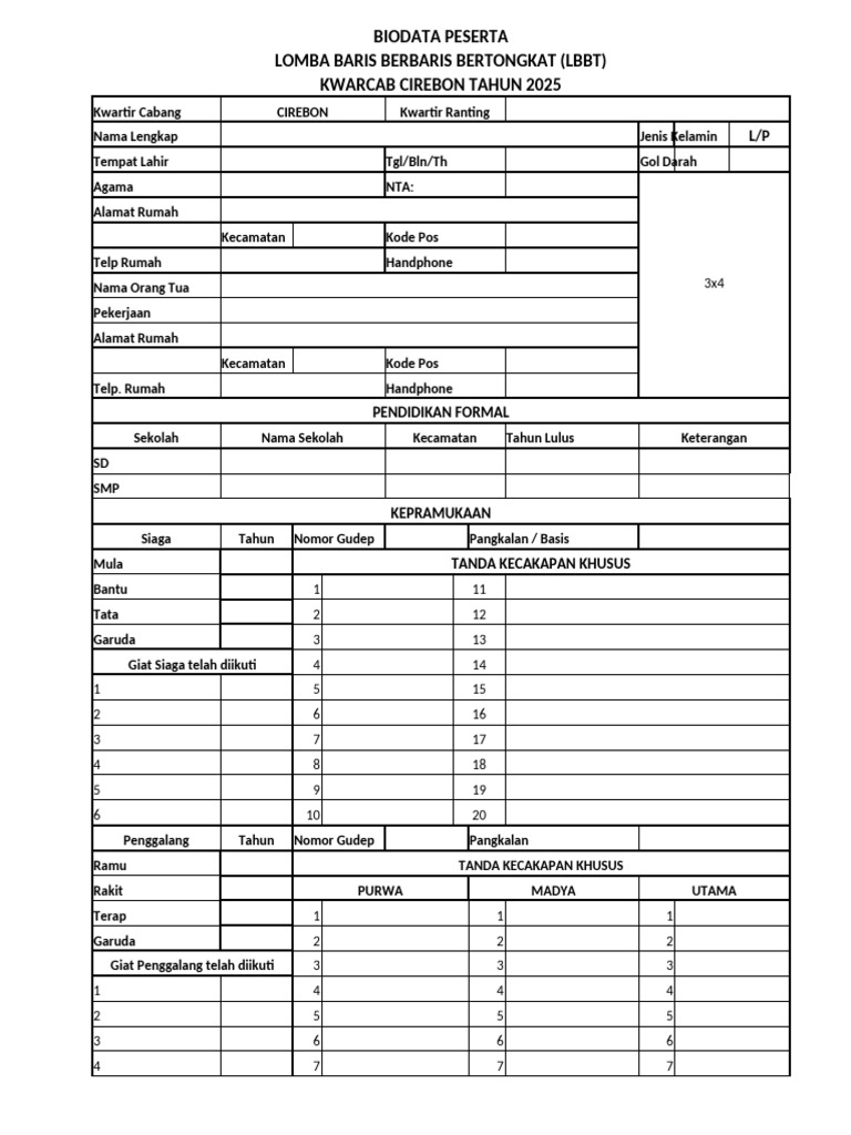 Biodata Peserta Lomba LBBT Cirebon 2025 | PDF