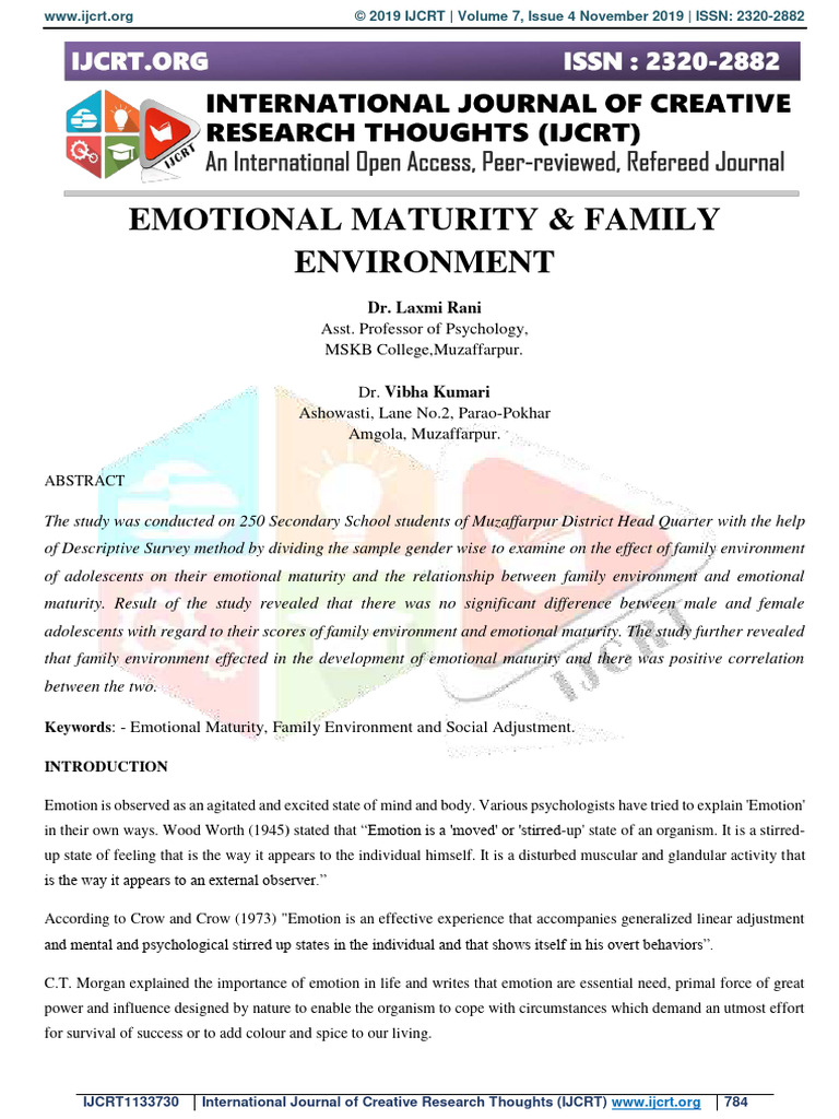 Emotional Maturity and Family Environmen | PDF | Emotions | Adolescence