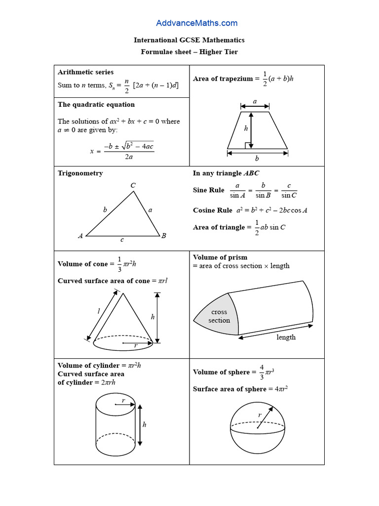Igcse Maths Formula Booklet | PDF