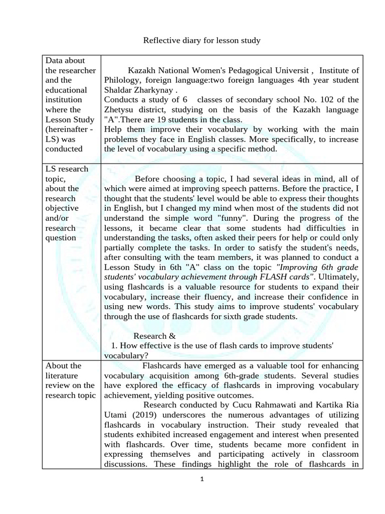 A Reflective Diary For LESSON STUDY 2 | PDF | Vocabulary | Flashcard