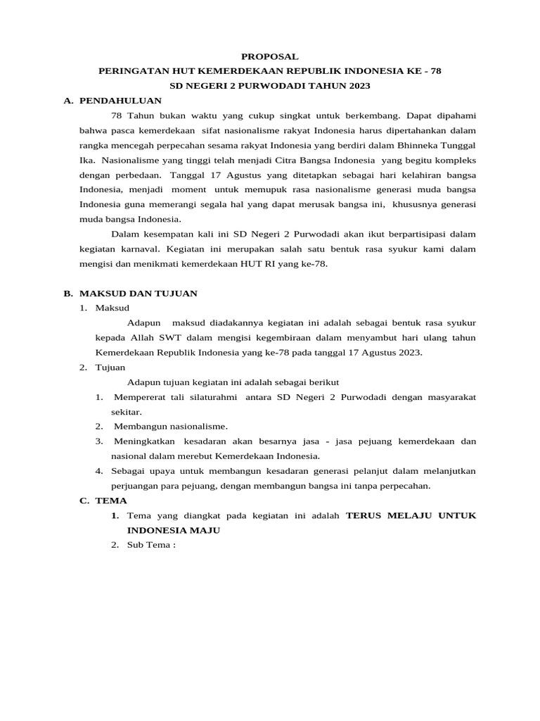 Proposal Karnaval HUT RI ke-78 SD Purwodadi | PDF