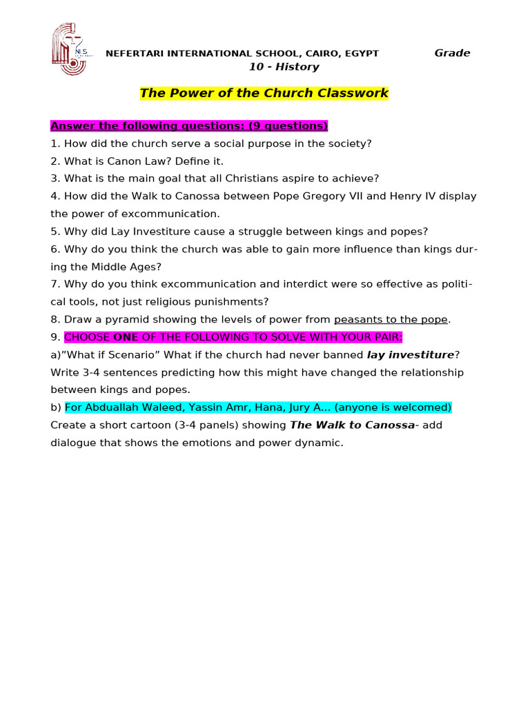 Power of The Church Worksheet | PDF
