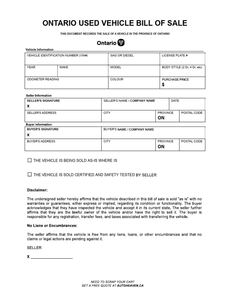 Ontario Used Vehicle Bill of Sale | PDF
