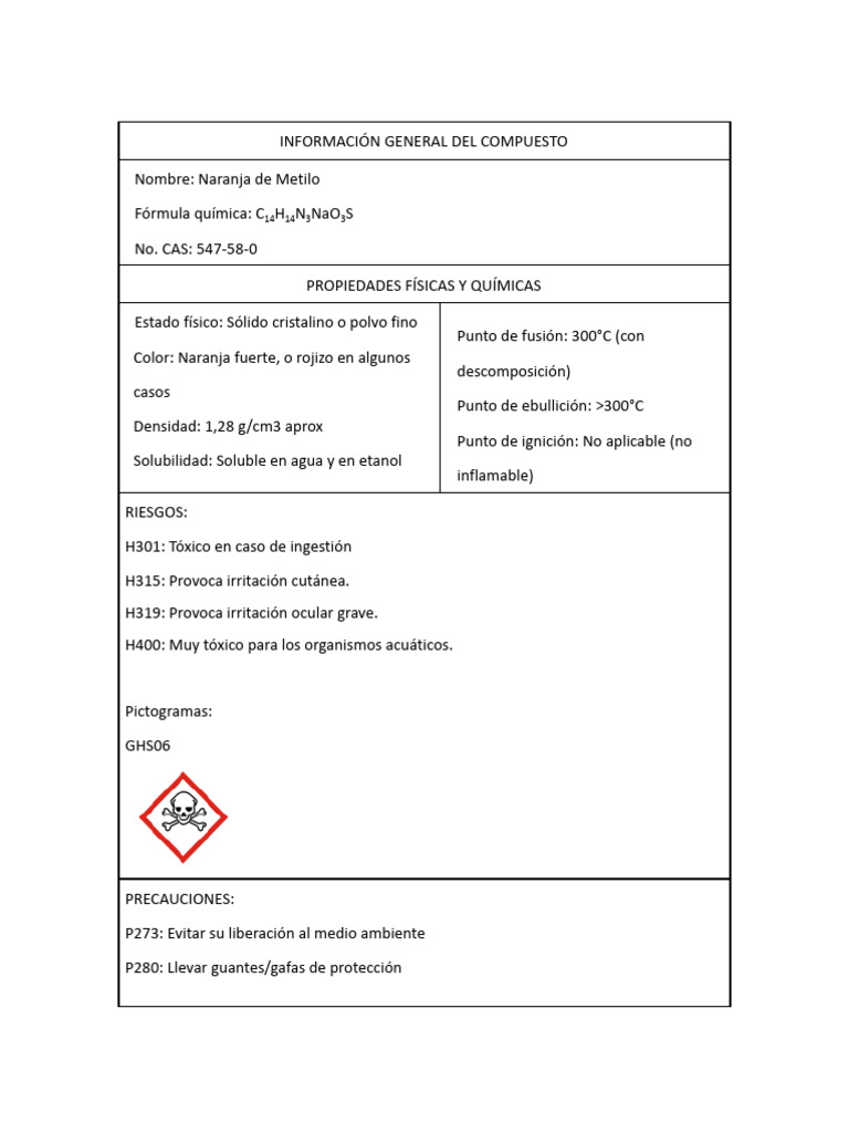 Ficha de Seguridad de Naranja de Metilo. | PDF