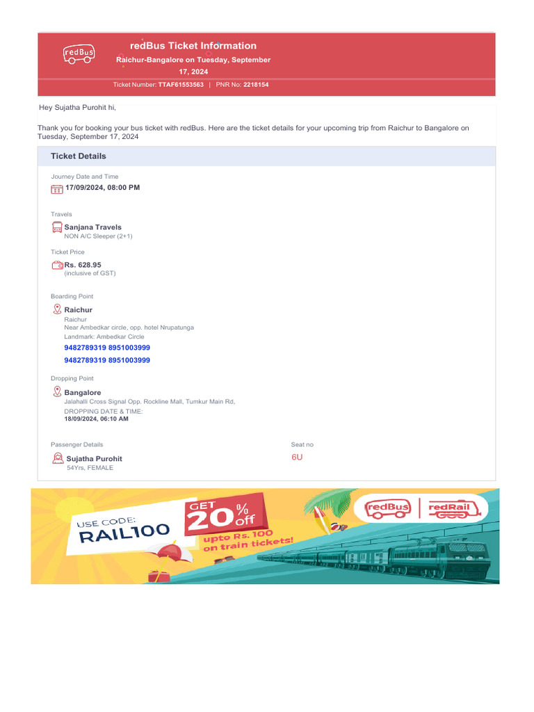Raichur to Bangalore Bus Ticket Details | PDF