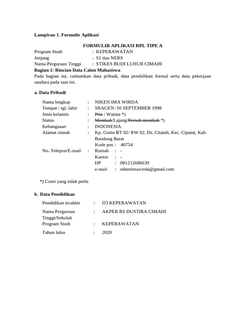Formulir Aplikasi RPL Tipe A (Form - 2 - F02) NIKEN | PDF