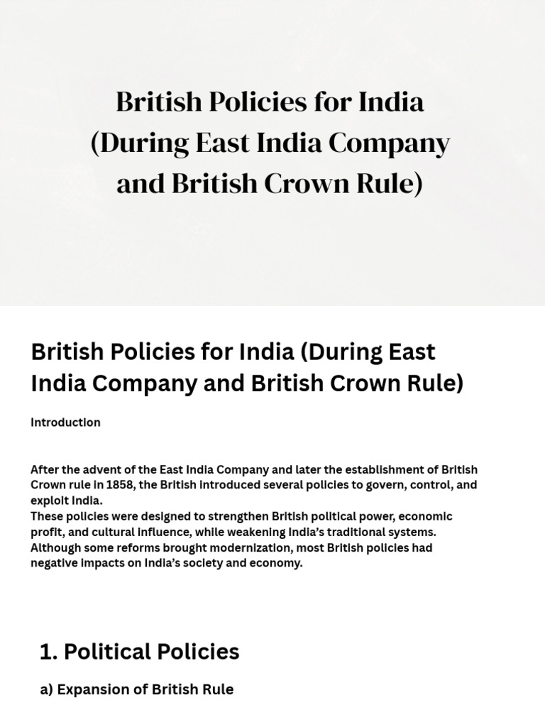 British Policies for India (During East India Company and British Crown ...
