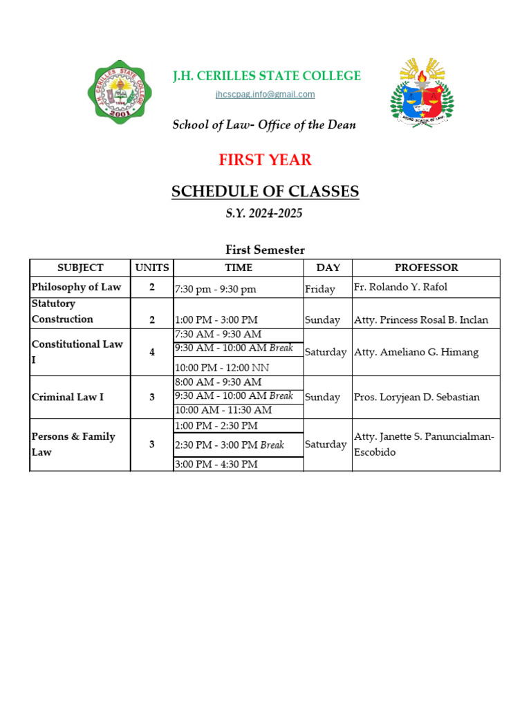 Sched of Classes For 5-Year Cur (First Year) | PDF