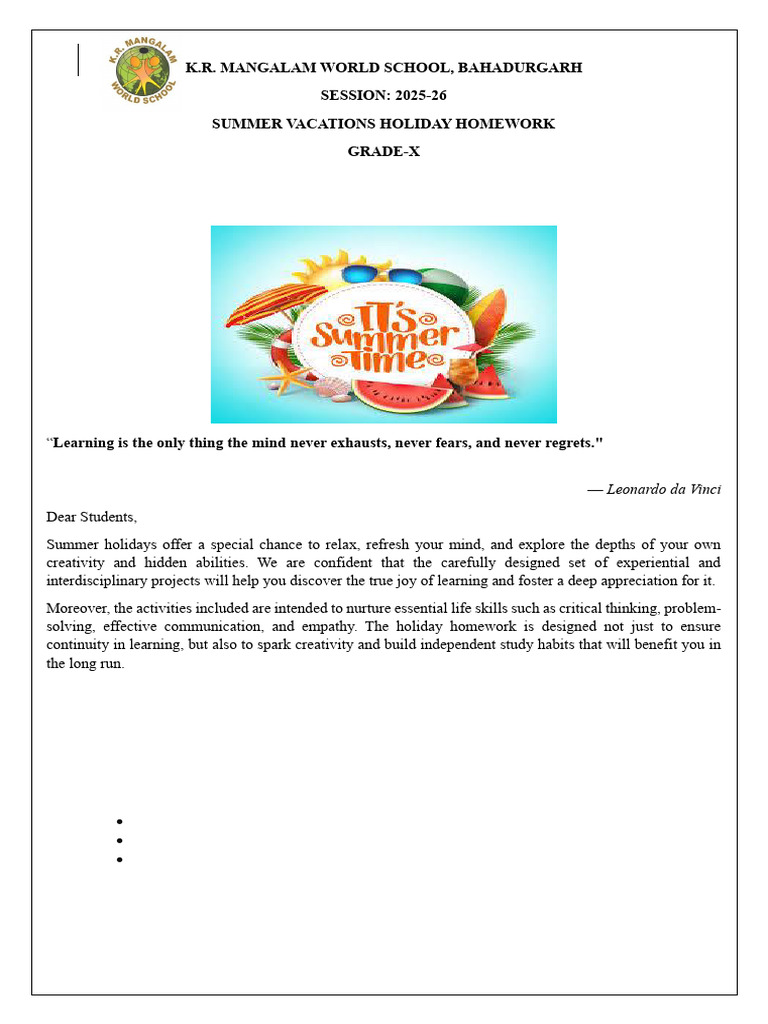 Summer Holiday Homework Grade x202526 1 | PDF | Diary