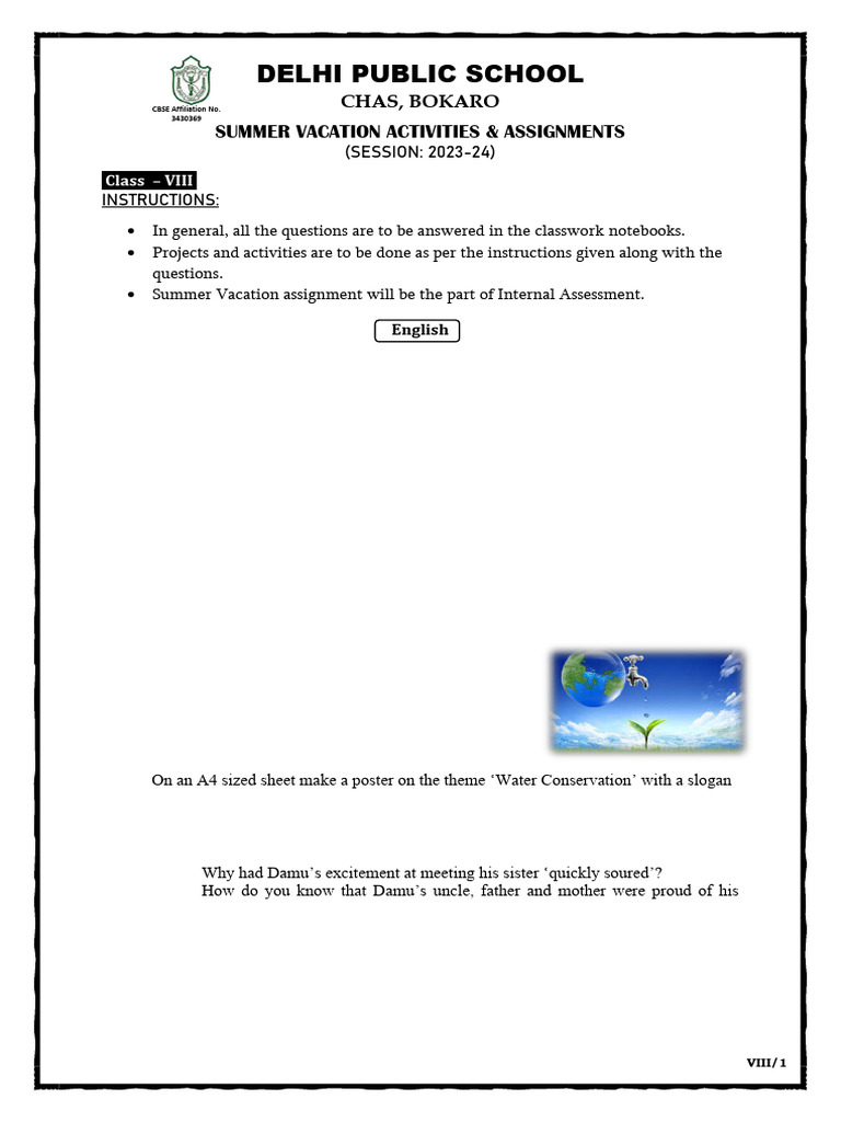 Summer Vacation Assignment (2023-24) - Class (VIII) - Compressed | PDF ...