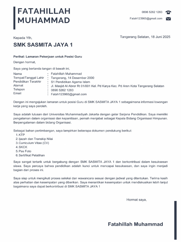 Surat Lamaran Kerja_fatahillah Muhammad. | PDF