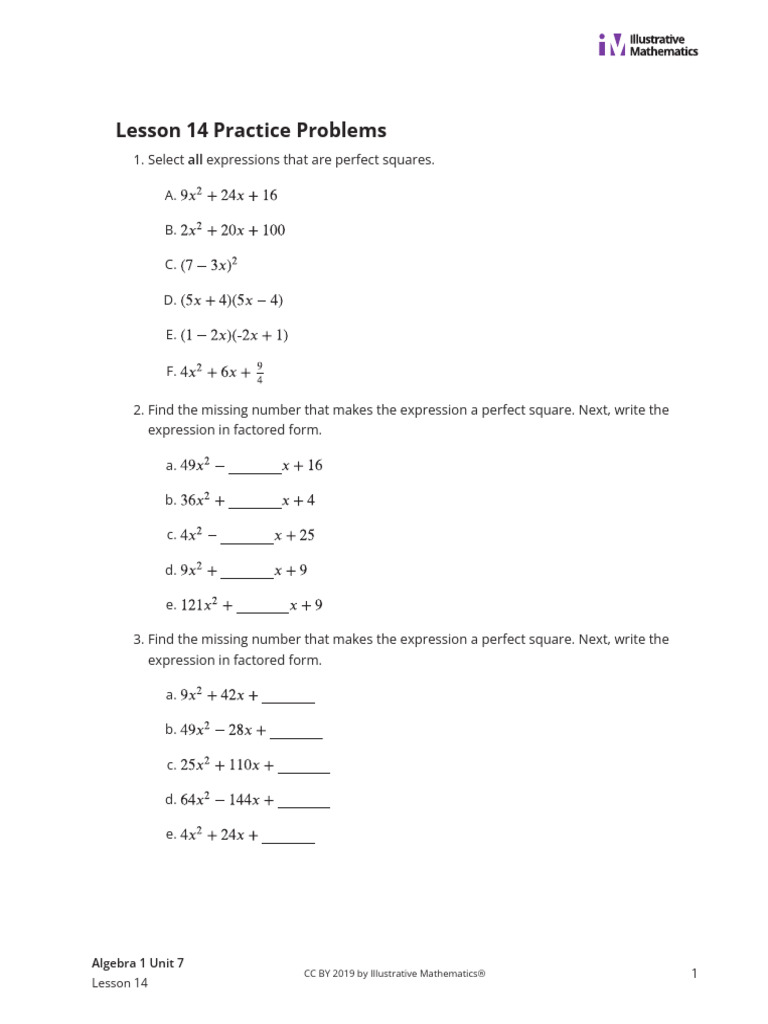 Algebra1!7!14 Lesson Curated Practice Problem Set | PDF | Algebra ...