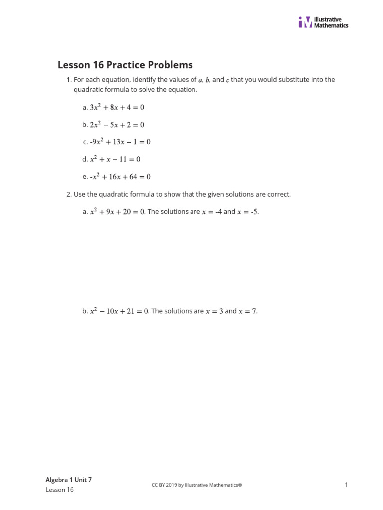 Algebra1!7!16 Lesson Curated Practice Problem Set | PDF