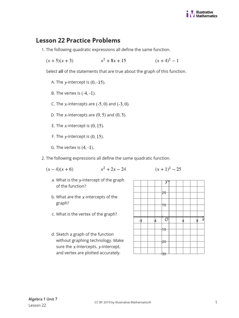 Algebra1!7!22 Lesson Curated Practice Problem Set | PDF | Function (Mathematics) | Quadratic ...