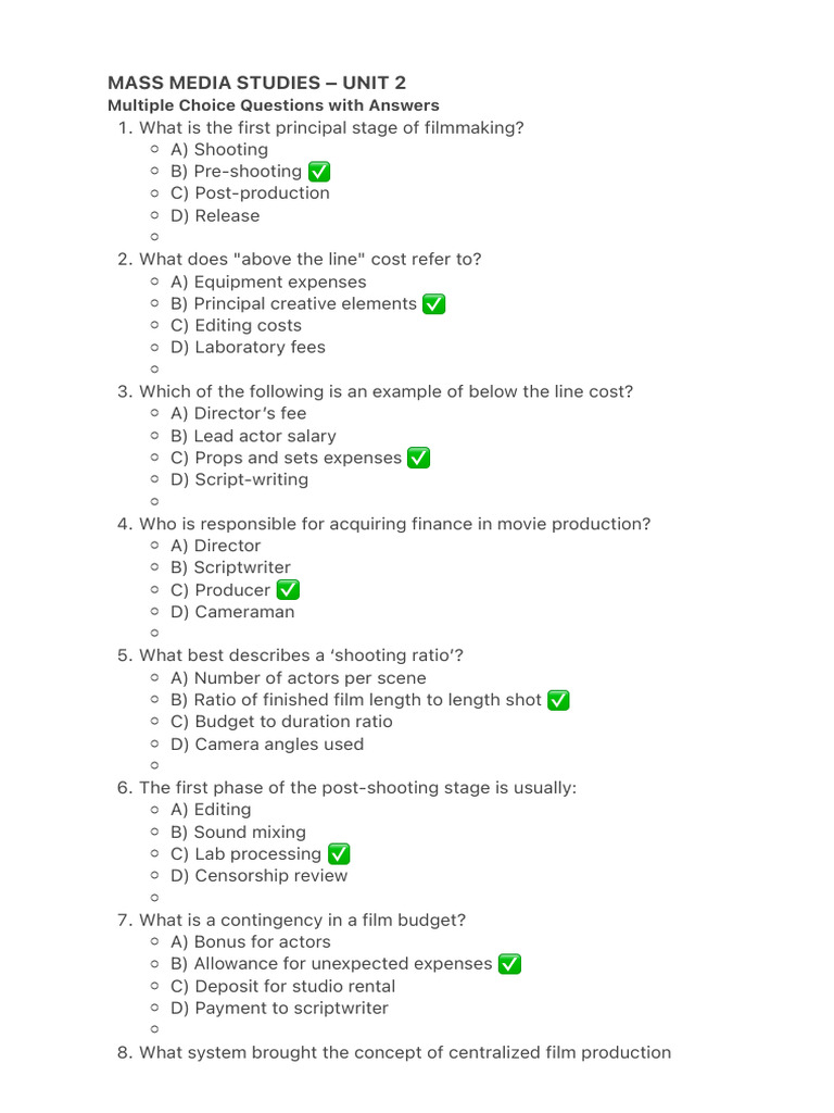Mass Media Studies - Unit 2 | PDF | Filmmaking