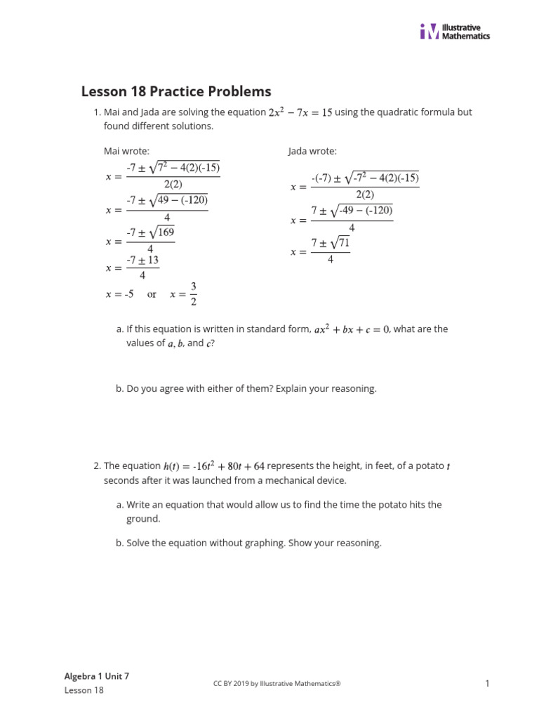 Algebra1!7!18 Lesson Curated Practice Problem Set | PDF | Quadratic ...