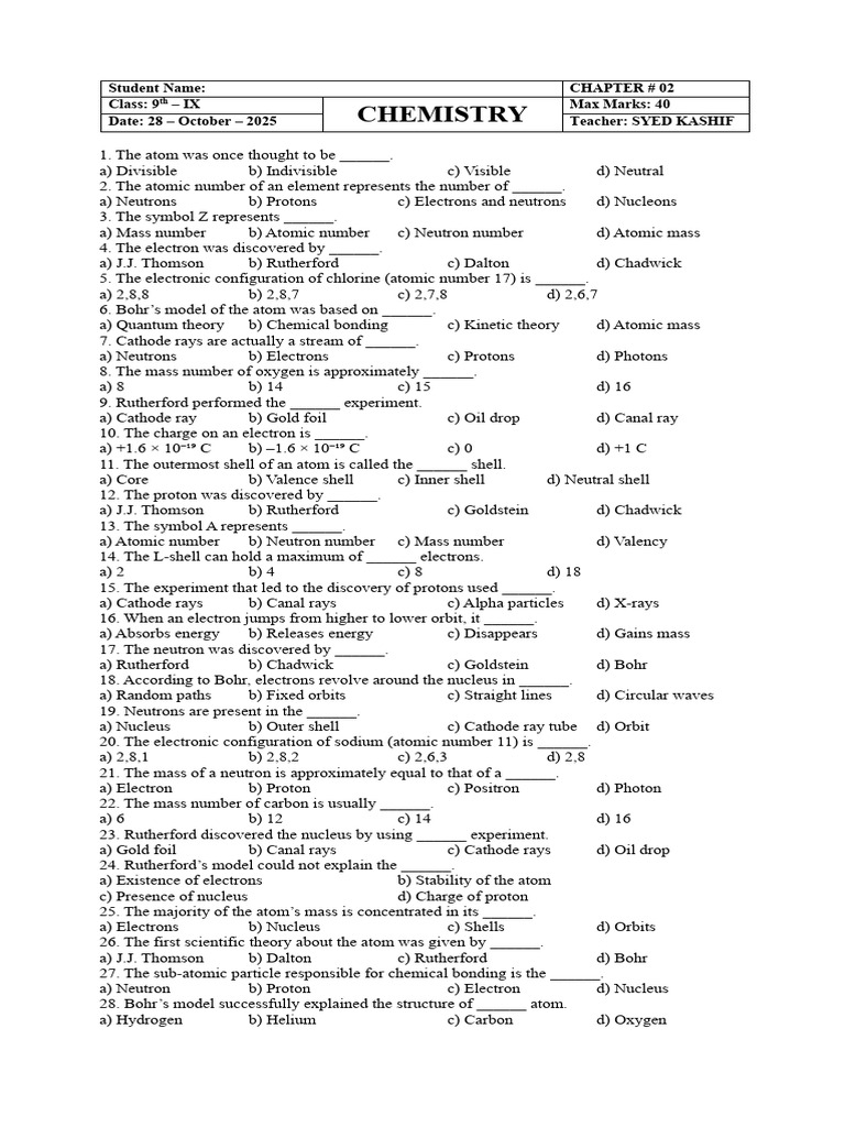 9th Grade Chemistry Chapter 2 Quiz | PDF | Atoms | Atomic Nucleus