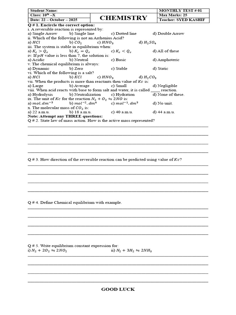 10th Grade Chemistry Monthly Test | PDF | Unit Processes | Chemical ...