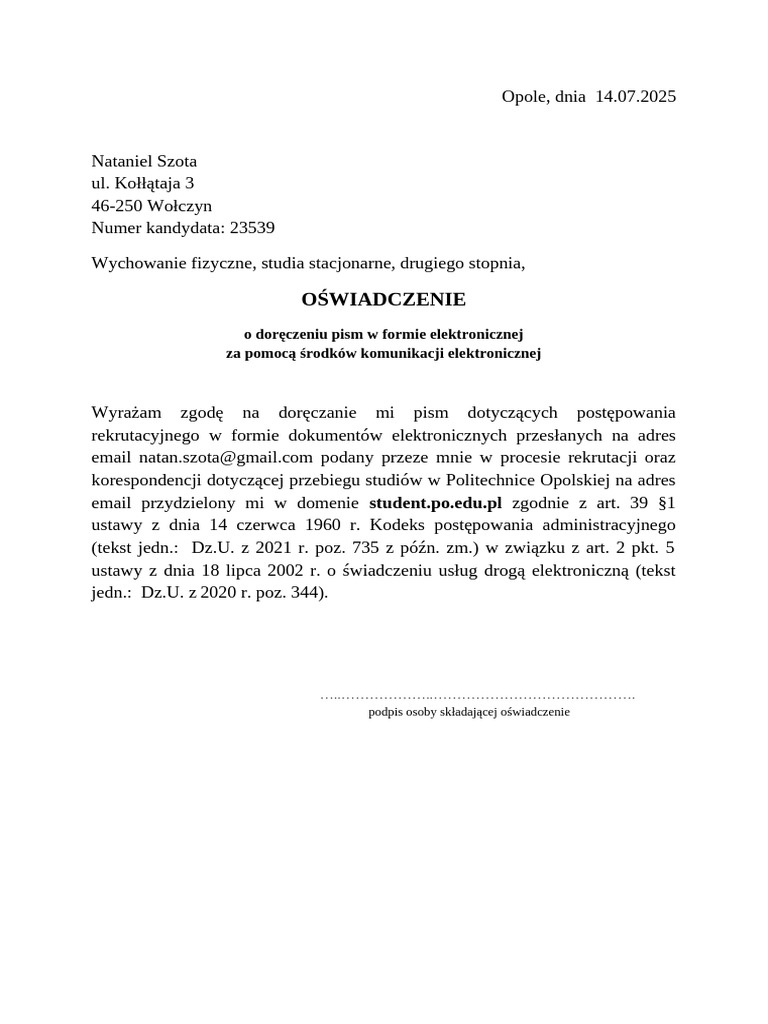 oświadczenie o korespondencji w drodze elektronicznej | PDF