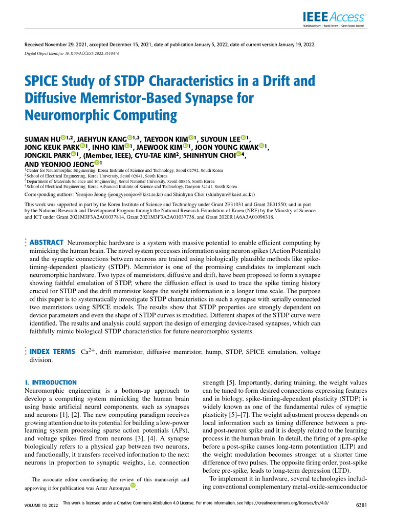SPICE Study of STDP Characteristics in A Drift and Diffusive Memristor ...