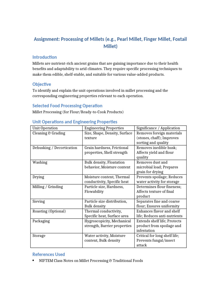 Millet Processing Assignment | PDF | Flour | Mill (Grinding)