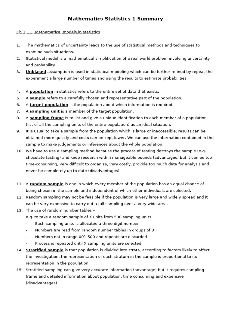 Mathematics Statistics 1 Summary | PDF | Sampling (Statistics) | Statistics