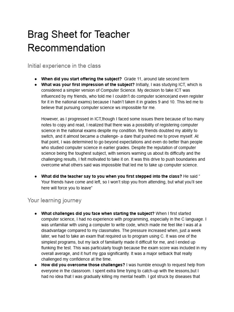 Brag Sheet For Teacher Recommendation | PDF | Learning | Behavior ...