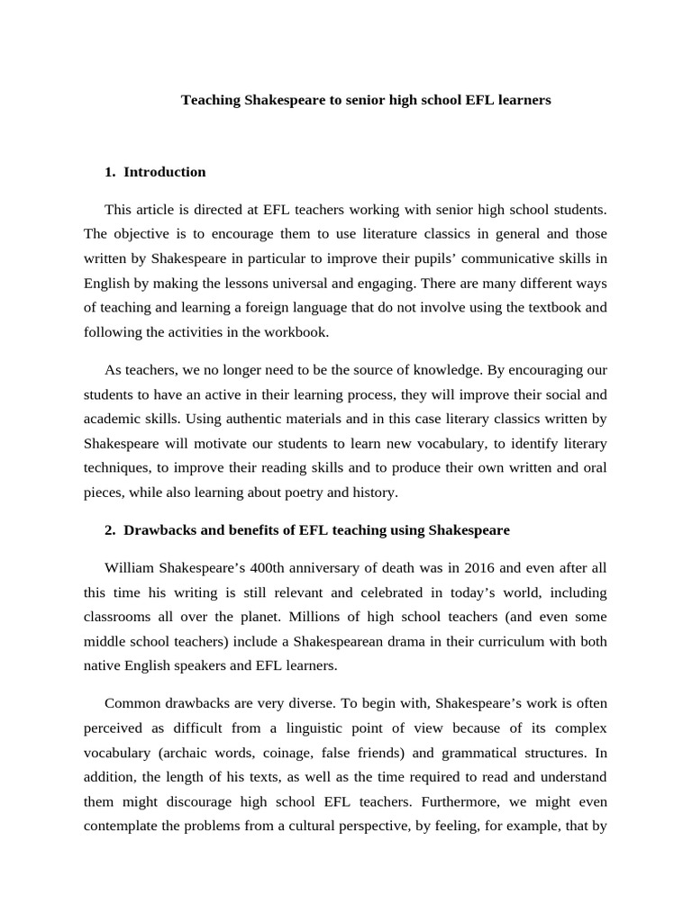 Teaching Shakespeare to EFL High Schoolers | PDF | English As A Second ...